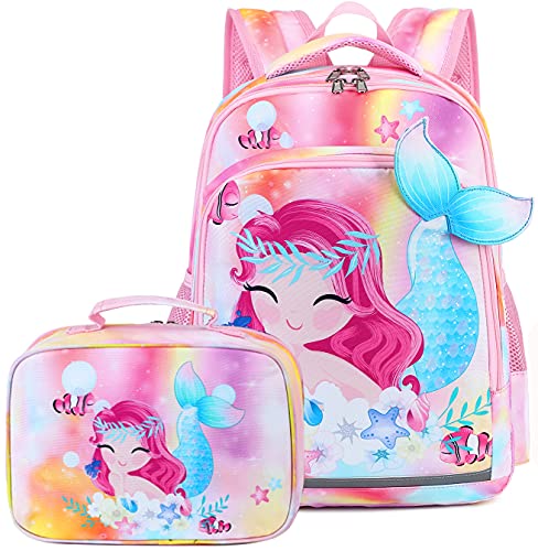 LEDAOU Kids Preschool Backpack Lunch Box Girls Kindergarten BookBag Primary Waterproof Galaxy School Bag 7 Pockets with Chest Strap