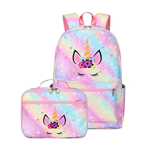 UPlee Unicorn School Backpack For Girls, Kids Elementary Bookbag And Lunch Bag Set, Girls Backpack With Lunch Box,unicorns Backpack Gifts For Girls, Cute Girls Book Bag