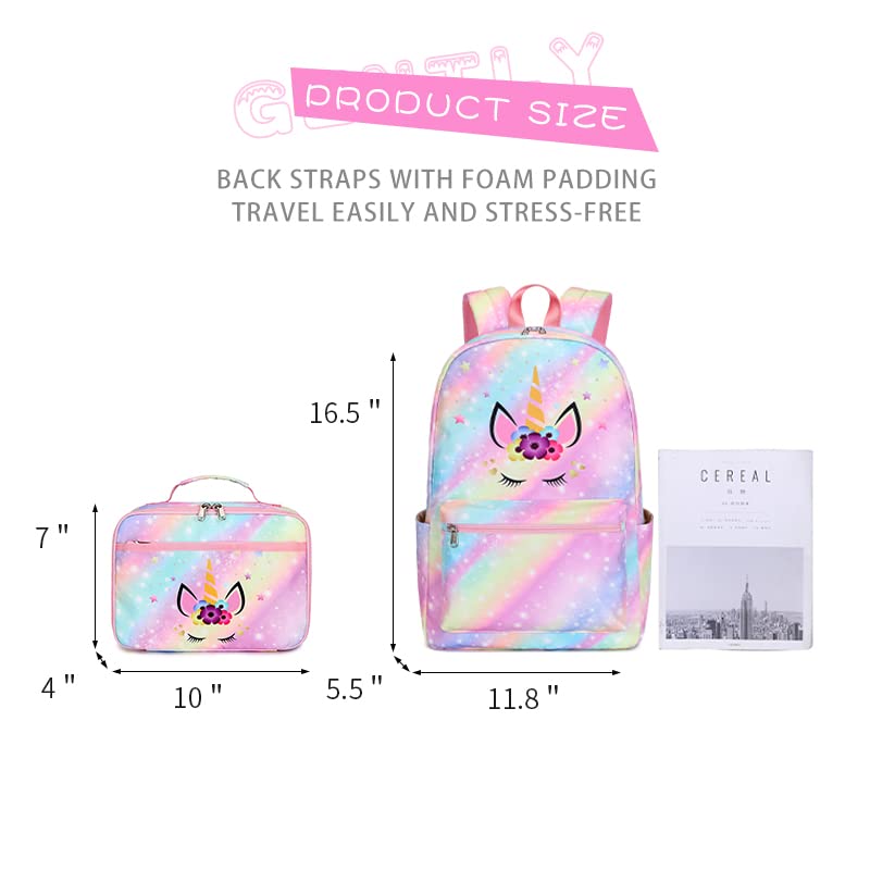 UPlee Unicorn School Backpack For Girls, Kids Elementary Bookbag And Lunch Bag Set, Girls Backpack With Lunch Box,unicorns Backpack Gifts For Girls, Cute Girls Book Bag