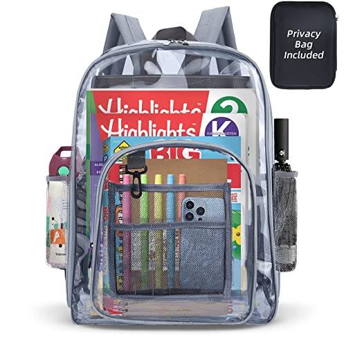 WQSS AOEIU Clear Backpack with Privacy Bag Stadium Approved, Clear Book Bags for School, Heavy Duty PVC Transparent Backpack, Clear Backpack for Girls & Boys, Gray