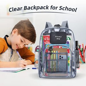 WQSS AOEIU Clear Backpack with Privacy Bag Stadium Approved, Clear Book Bags for School, Heavy Duty PVC Transparent Backpack, Clear Backpack for Girls & Boys, Gray