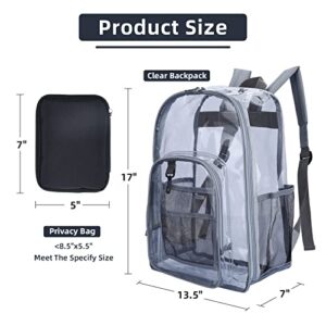 WQSS AOEIU Clear Backpack with Privacy Bag Stadium Approved, Clear Book Bags for School, Heavy Duty PVC Transparent Backpack, Clear Backpack for Girls & Boys, Gray