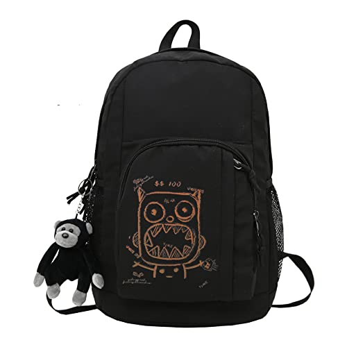 Y2K Backpack with Cute Gorilla Plush Pendant Aesthetics Grunge School Stationary Preppy Indie Laptop Bookbag (Black)