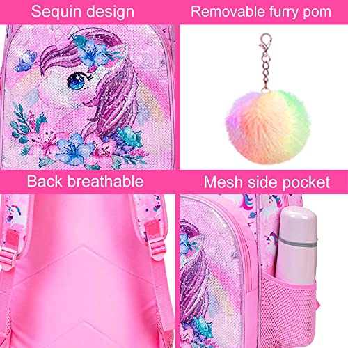 KLFVB 3PCS Unicorn Backpack for Girls, 16" Sequin Kids Bookbag and Lunch Box, Preschool Backpacks for Elementary Students