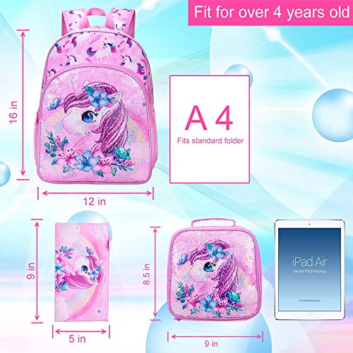 KLFVB 3PCS Unicorn Backpack for Girls, 16" Sequin Kids Bookbag and Lunch Box, Preschool Backpacks for Elementary Students