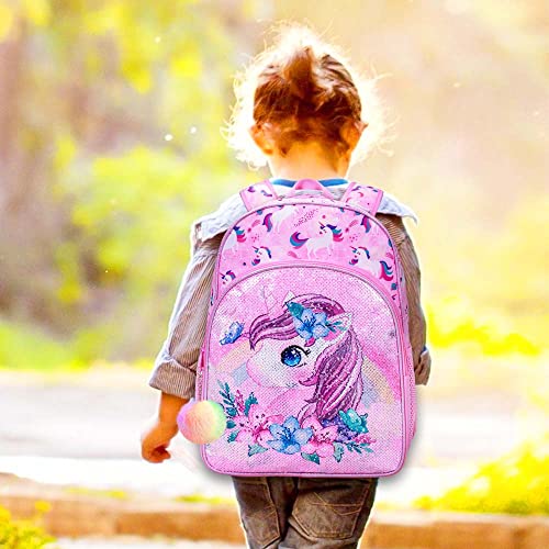 KLFVB 3PCS Unicorn Backpack for Girls, 16" Sequin Kids Bookbag and Lunch Box, Preschool Backpacks for Elementary Students