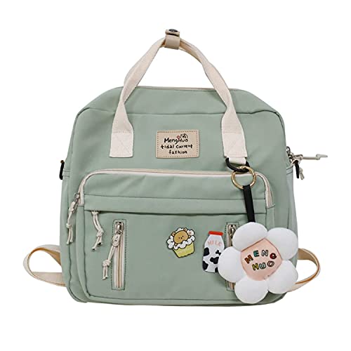 Kawaii Backpack with Bear Pendant, Aesthetic Canvas Students Schoolbag Shoulder Tote Bag Casual Daypack Back to School (Green) Large