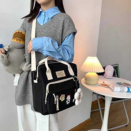 Kawaii Backpack with Bear Pendant, Aesthetic Canvas Students Schoolbag Shoulder Tote Bag Casual Daypack Back to School (Green) Large