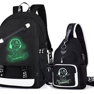 Glow Anime Skateboard Backpack with Sling Bag for Boys, School Bags Bookbag for Teenager