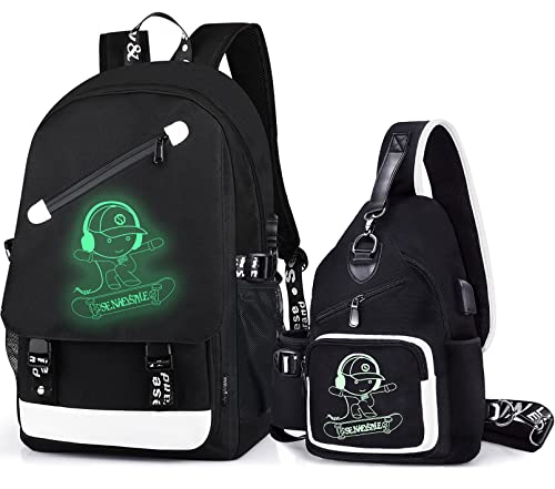 Glow Anime Skateboard Backpack with Sling Bag for Boys, School Bags Bookbag for Teenager