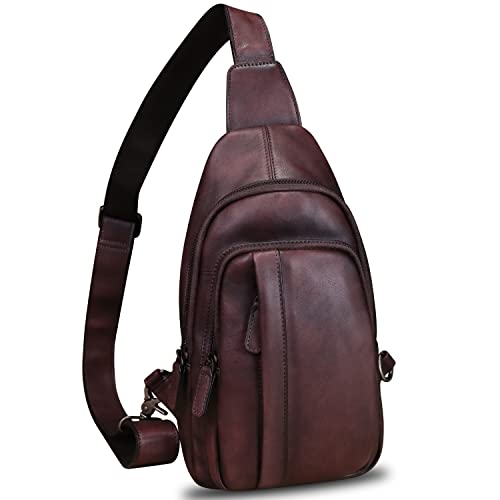 Genuine Leather Sling Bag Crossbody Casual Hiking Daypack Vintage Handmade Chest Shoulder Backpack Motorcycle Cycling Purse (Coffee)