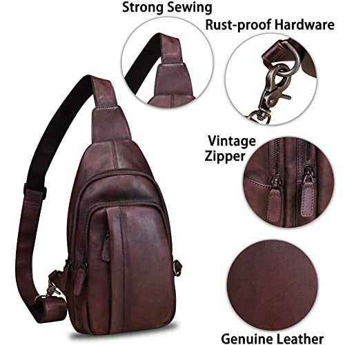 Genuine Leather Sling Bag Crossbody Casual Hiking Daypack Vintage Handmade Chest Shoulder Backpack Motorcycle Cycling Purse (Coffee)