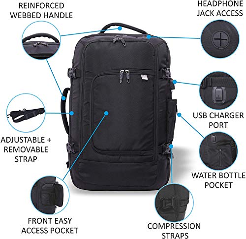 Hybrid 39L Carry On Travel Luggage/Laptop Backpack Bag Fits 15.6 Inch Laptop Notebook with USB Charging Port for School & Business Men Women, Black