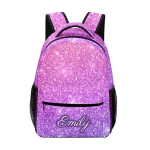 nzoohy pink violet glitter custom kids backpack 16.5 inch for boy girl, personalized waterproof child school travel bag with name, 16.5 inch x 12.2 inch x 5.9 inch