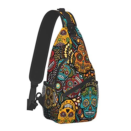 Hicyyu Mexican Sugar Skulls Outdoor Crossbody Shoulder Bag For Unisex Young Adult Hiking Sling Backpack