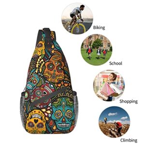 Hicyyu Mexican Sugar Skulls Outdoor Crossbody Shoulder Bag For Unisex Young Adult Hiking Sling Backpack