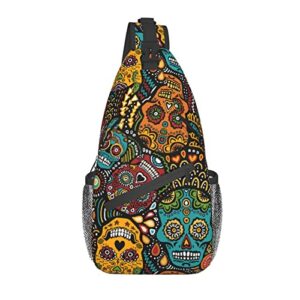 Hicyyu Mexican Sugar Skulls Outdoor Crossbody Shoulder Bag For Unisex Young Adult Hiking Sling Backpack