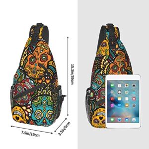 Hicyyu Mexican Sugar Skulls Outdoor Crossbody Shoulder Bag For Unisex Young Adult Hiking Sling Backpack