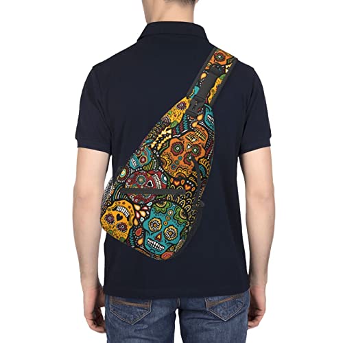 Hicyyu Mexican Sugar Skulls Outdoor Crossbody Shoulder Bag For Unisex Young Adult Hiking Sling Backpack