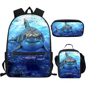 wellflyhom shark elementary backpack for girls with lunch box pencil case school back packs bookbag for boys women large schoolbags bagpack rucksack travel outdoor daypack satchel