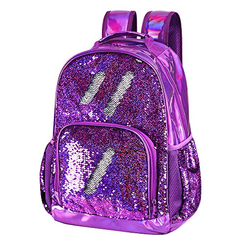 Fermido Sequin School Backpack for Girls Kids Cute Elementary Book Bag Teen Glitter Flip Sparkly Holographic Purple Back Pack One_Size