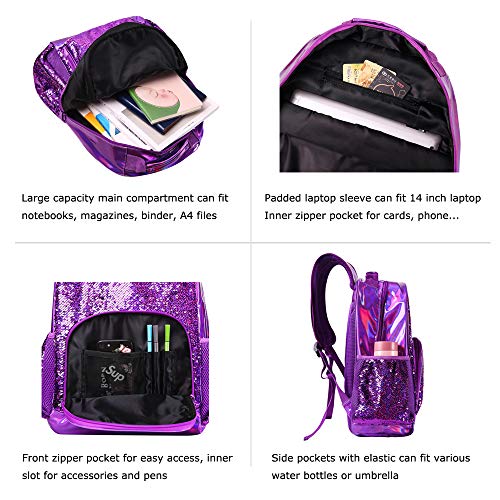 Fermido Sequin School Backpack for Girls Kids Cute Elementary Book Bag Teen Glitter Flip Sparkly Holographic Purple Back Pack One_Size