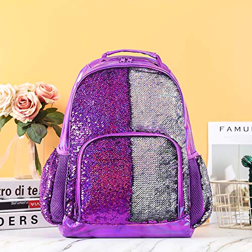 Fermido Sequin School Backpack for Girls Kids Cute Elementary Book Bag Teen Glitter Flip Sparkly Holographic Purple Back Pack One_Size