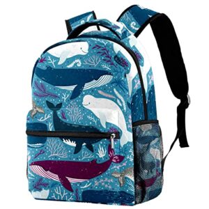 ocean whale blue large backpack for boys girls schoolbag with multiple pockets canvas