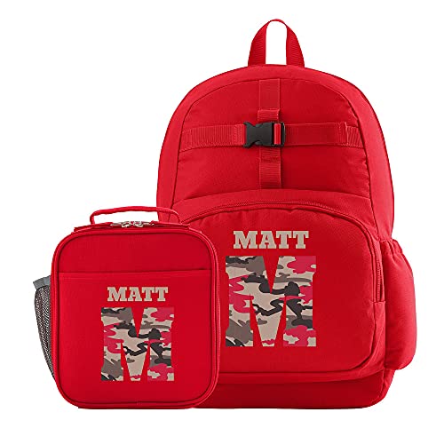 Let's Make Memories Red Backpack Collection - Personalized Back to School Supplies - Book Bag with Lunchbox - Red Camo Design