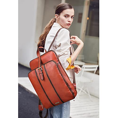 CLUCI Leather Laptop Backpack for Women Vegetable Tanned Full Grain Leather 15.6 inch Computer Bag Travel Business Daypack Sassafras Red