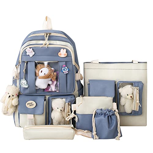 JQWSVE Kawaii Backpack with Kawaii Pendants and Pins Accessories 5Pcs Set Cute Kawaii Rucksack for Teen Girls School Bag Cute Aesthetic Backpack