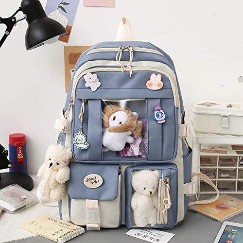 JQWSVE Kawaii Backpack with Kawaii Pendants and Pins Accessories 5Pcs Set Cute Kawaii Rucksack for Teen Girls School Bag Cute Aesthetic Backpack