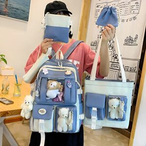 JQWSVE Kawaii Backpack with Kawaii Pendants and Pins Accessories 5Pcs Set Cute Kawaii Rucksack for Teen Girls School Bag Cute Aesthetic Backpack