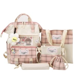 5pcs kawaii plaid backpack set aesthetic cute checkered anime with pins flower pendant cottagecore preppy cartoon school supplies kit japanese jk bookbag daypack canvas combo (pink)