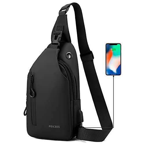 Peicees Sling Bag for Men Women Waterproof Mens Sling Backpack Purse Crossbody Bag with USB Charging Port for Travel Hiking