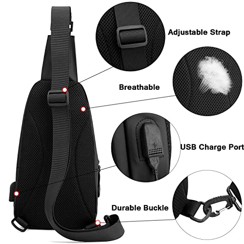 Peicees Sling Bag for Men Women Waterproof Mens Sling Backpack Purse Crossbody Bag with USB Charging Port for Travel Hiking