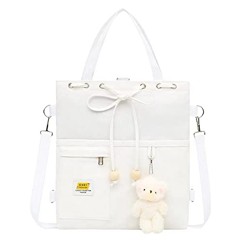 Kawaii Backpack with Plushies Adjustable Hooks Crossbody Bag Shoulder Bag Hand Tote Cute Aesthetic Backpack for School Girls (White)