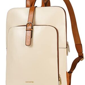 BOSTANTEN Leather Laptop Backpack for Women, 15.6 inch Computer Backpack College Business Large Daypack Work Travel Bag Beige with Brown