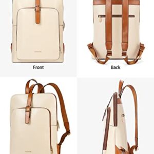 BOSTANTEN Leather Laptop Backpack for Women, 15.6 inch Computer Backpack College Business Large Daypack Work Travel Bag Beige with Brown