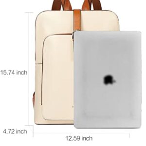 BOSTANTEN Leather Laptop Backpack for Women, 15.6 inch Computer Backpack College Business Large Daypack Work Travel Bag Beige with Brown