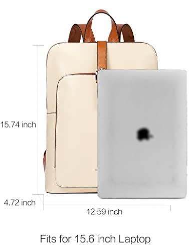 BOSTANTEN Leather Laptop Backpack for Women, 15.6 inch Computer Backpack College Business Large Daypack Work Travel Bag Beige with Brown