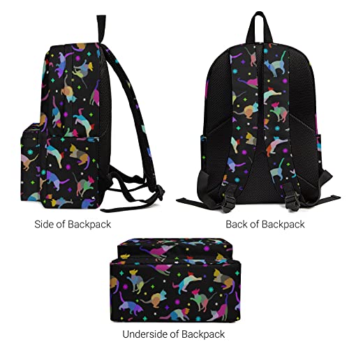 Lightweight Cat School Backpack, Classic Bassic Bookbag for Middle School Students, Cute Cat Patterned Casual Daypack for College, Travel or Work with 15-Inch Laptop Compartment, 17 IN-Black