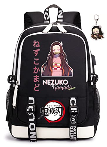 XIXISA 17 INCH Nezuko Backpack with USB Charging Port, Anime Book Bag Nezuko Canvas Laptop Backpack for School Travel (Kamado Nezuko)