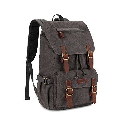 Kattee Men's Canvas Leather Hiking Backpack Travel Rucksack School Bag