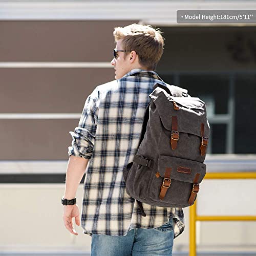 Kattee Men's Canvas Leather Hiking Backpack Travel Rucksack School Bag