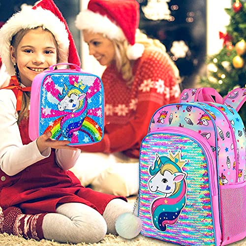 gxtvo 3PCS Unicorn Backpack for Girls, 16" Sequin Prechool Elementary Bookbag and Lunch Box