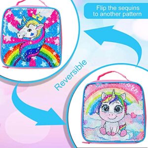 gxtvo 3PCS Unicorn Backpack for Girls, 16" Sequin Prechool Elementary Bookbag and Lunch Box