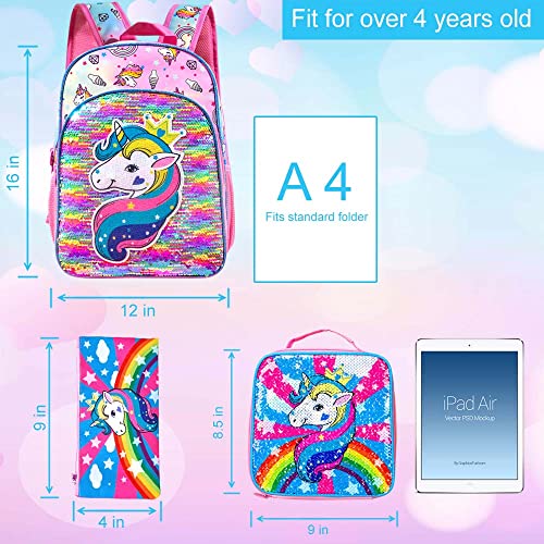 gxtvo 3PCS Unicorn Backpack for Girls, 16" Sequin Prechool Elementary Bookbag and Lunch Box