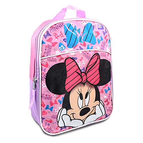 Disney Minnie Mouse Mini Backpack For Girls, Kids ~ 3 Pc Bundle With 12" Minnie School Bag, Water Pouch, Stickers, and More (Minnie Mouse School Supplies Set)