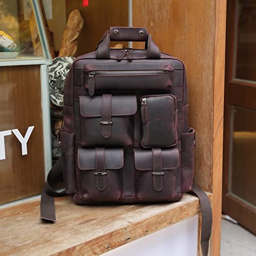 Polare Cowhide Leather 17.3'' Laptop Backpack Daypack Travel Bag School Bag Satchel